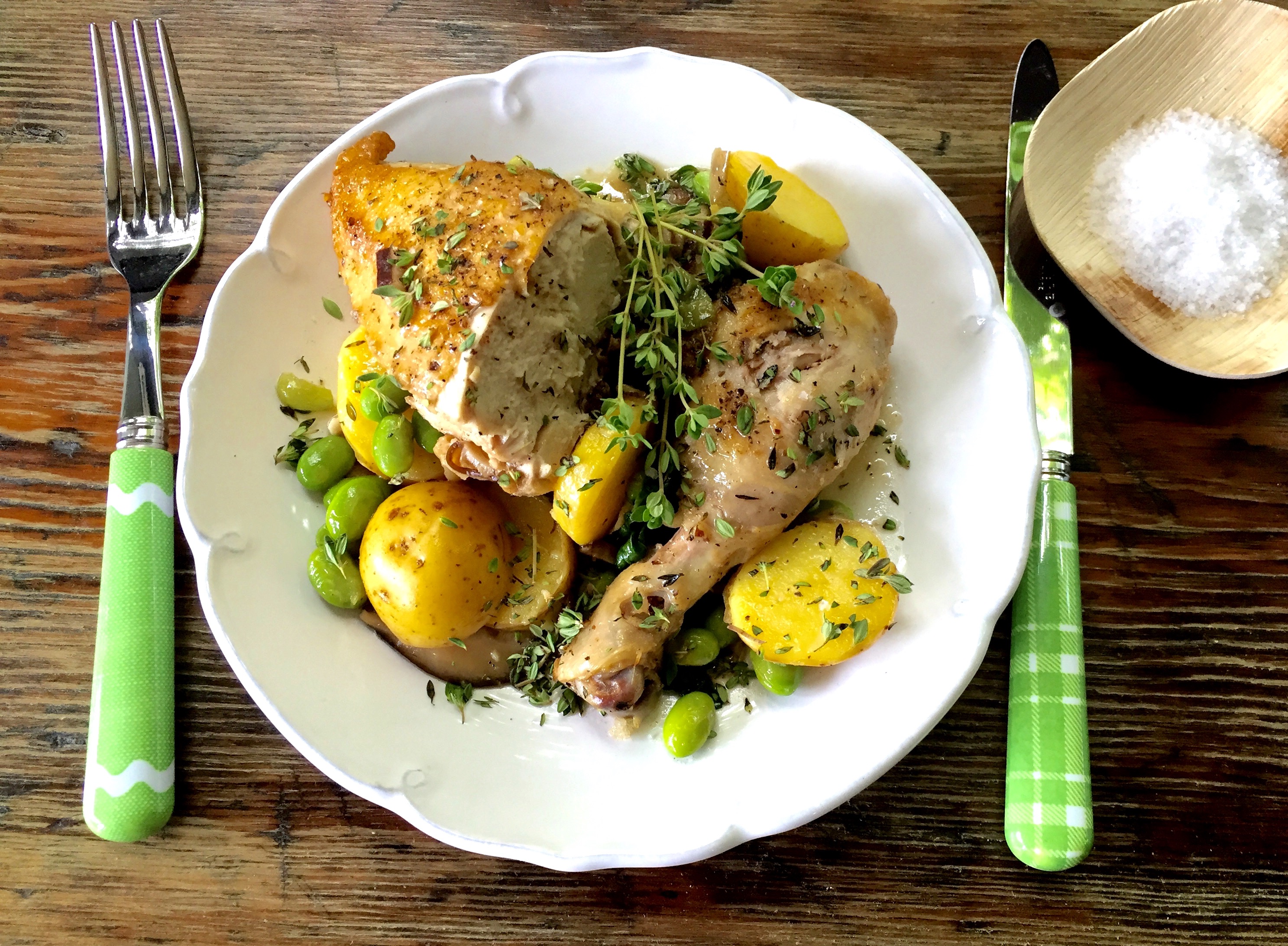 Recipe for chicken saute with shiitakes, golden potatoes, and edamame ...