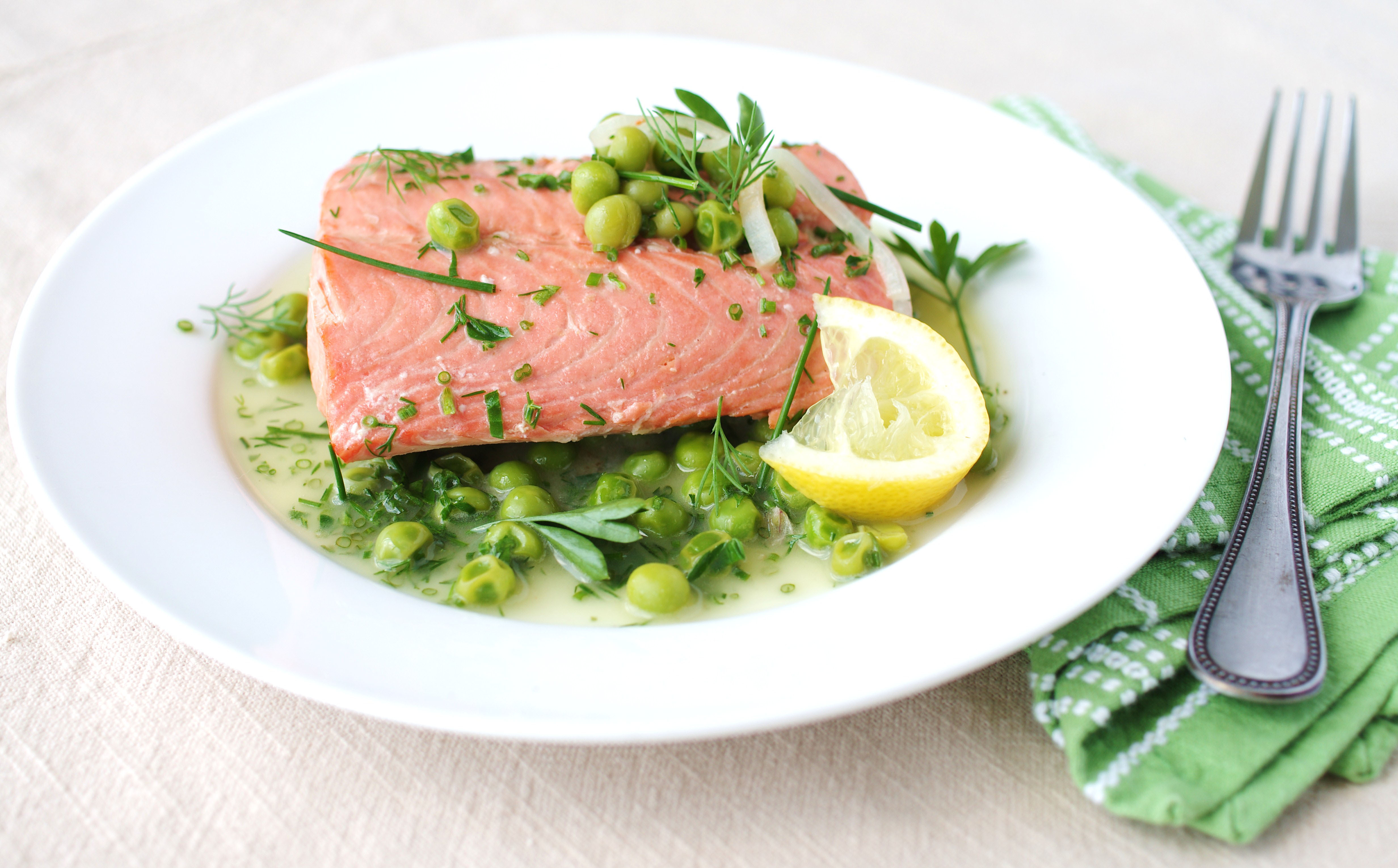 Recipe for poached salmon with peas and white wine sauce - The Boston Globe