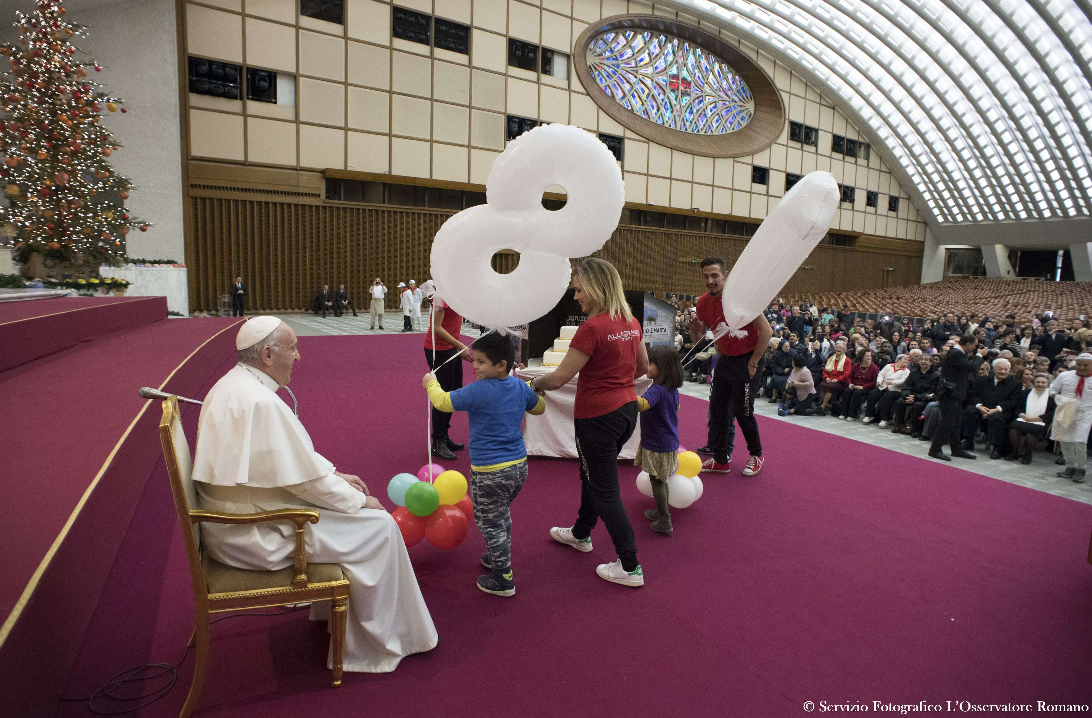Pope Francis blows out birthday candle on extra-long pizza - The Boston ...